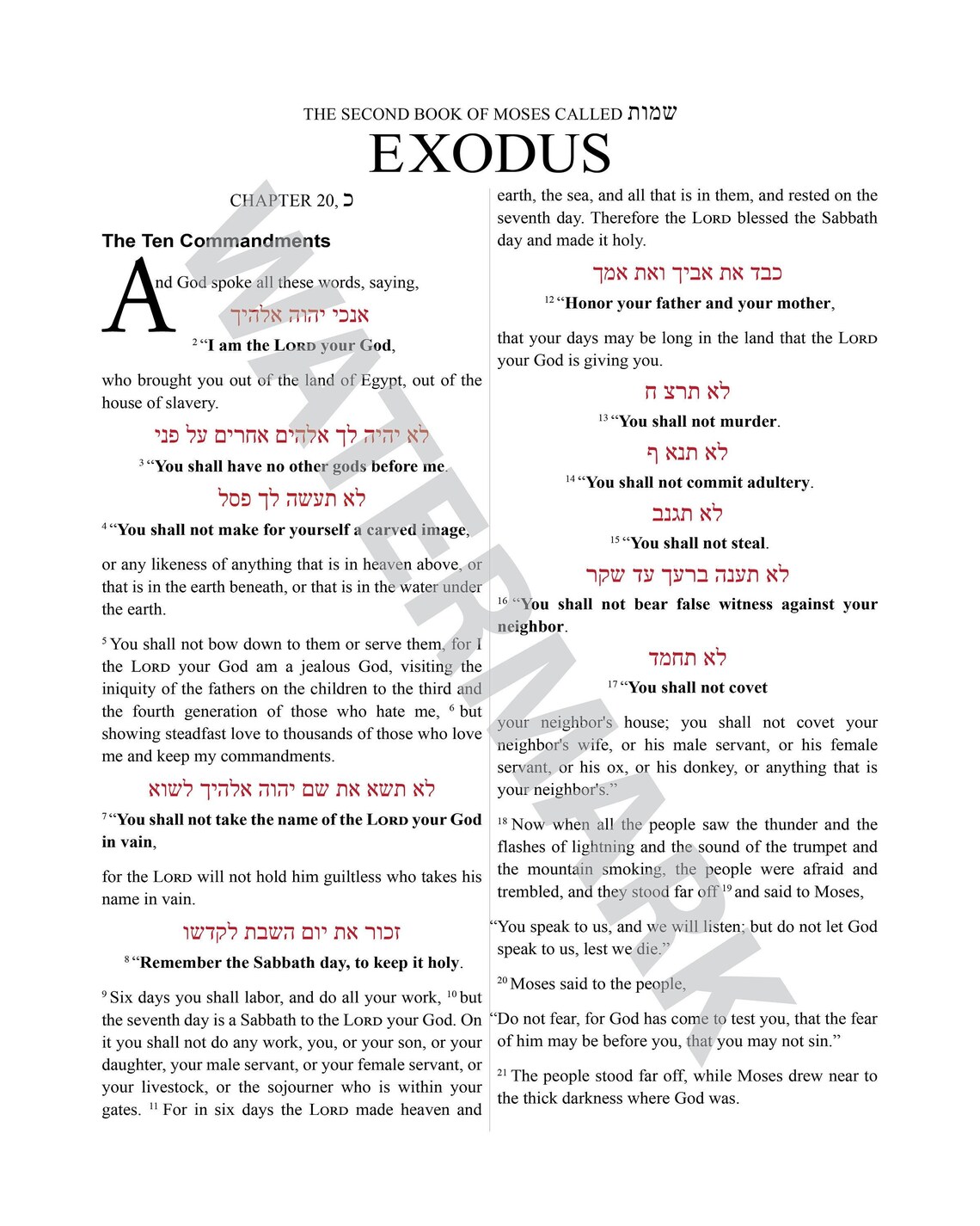 Exodus 20 the Ten Commandments English Ft. Hebrew Bible Verse Art ...