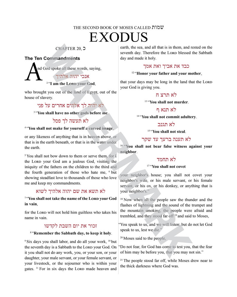 Exodus 20 the Ten Commandments English Ft. Hebrew Bible Verse Art ...