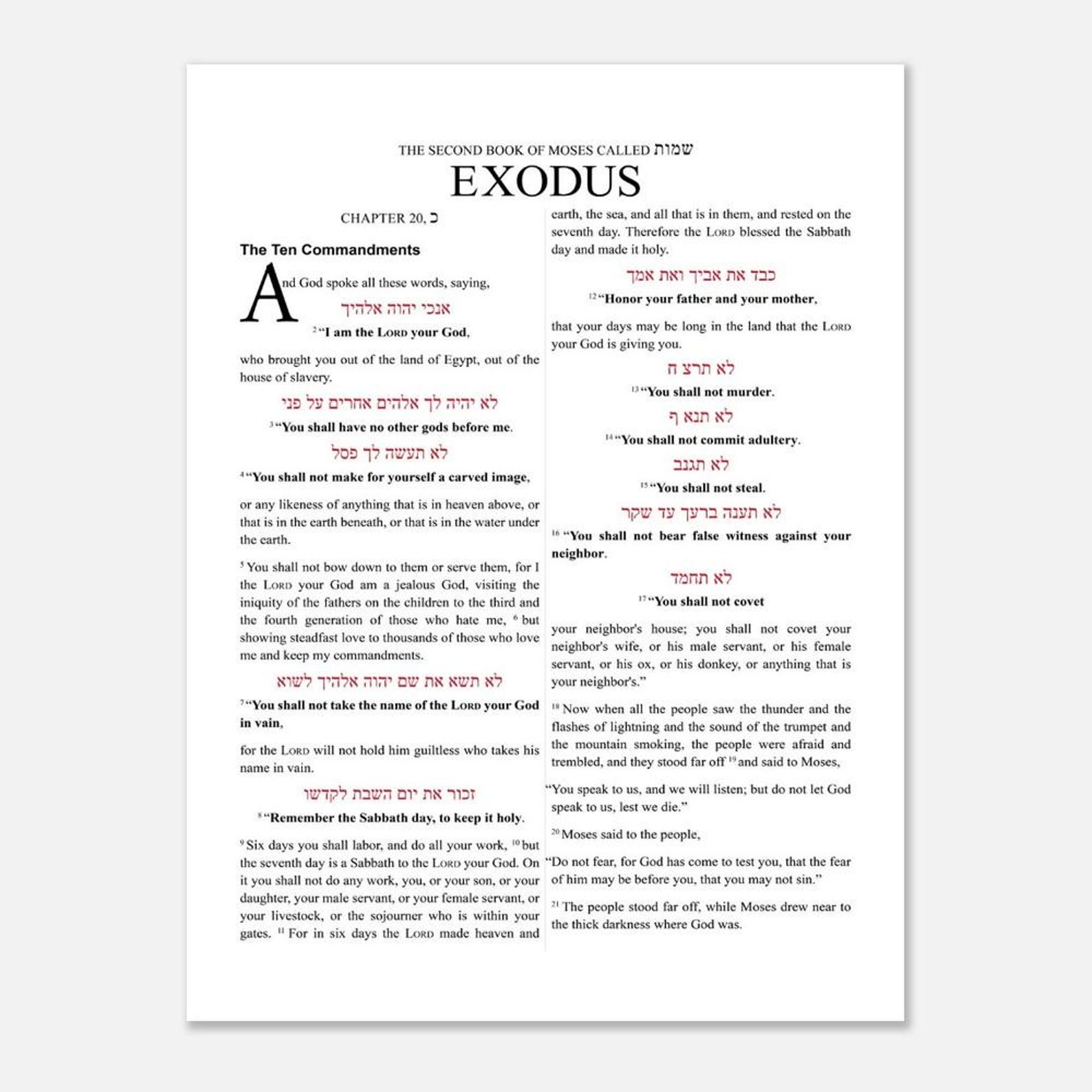 Exodus 20 - the Ten Commandments Wall Art | English Ft. Hebrew | ESV ...