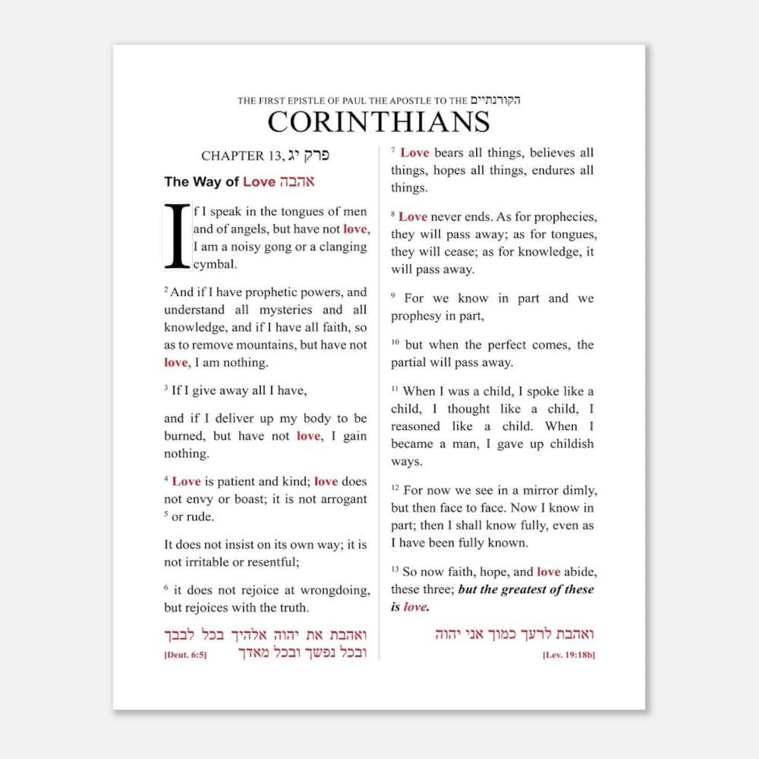 1 Corinthians 13: the Way of Love Wall Art (full Chapter) English Ft ...