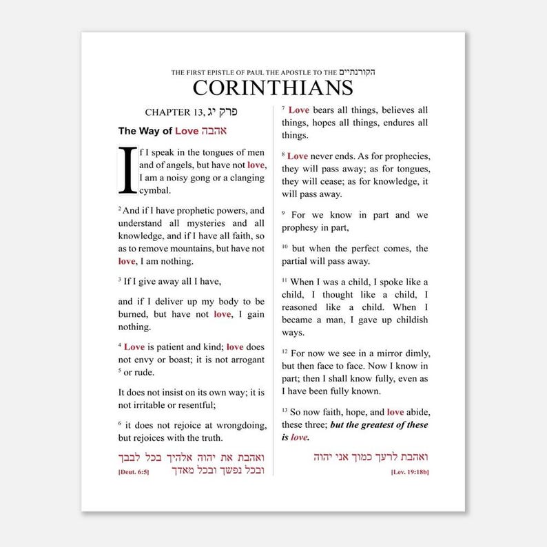 1 Corinthians 13: the Way of Love Wall Art (full Chapter) English Ft ...