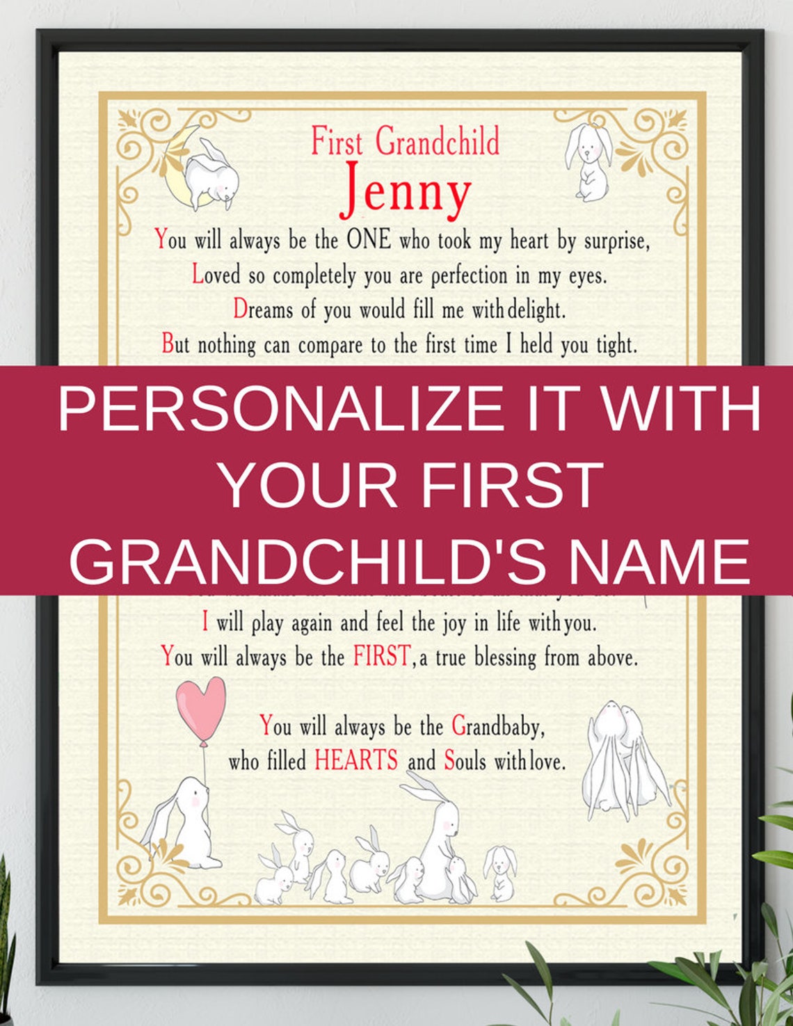 Personalized, FIRST GRANDCHILD Poster, Red Version, Ready to Frame ...