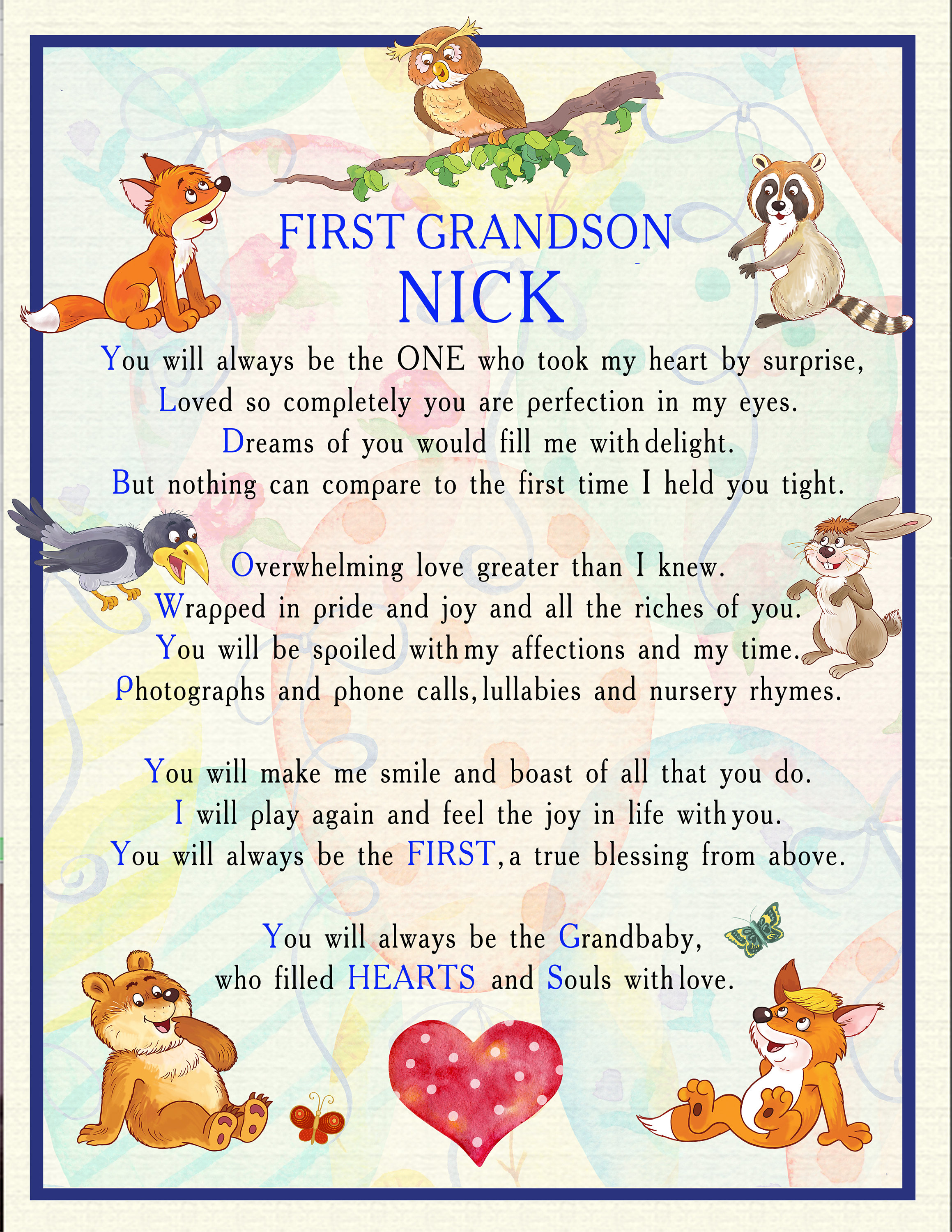 First Grandson Poster, Personalized With Your Grandson's Name, First ...