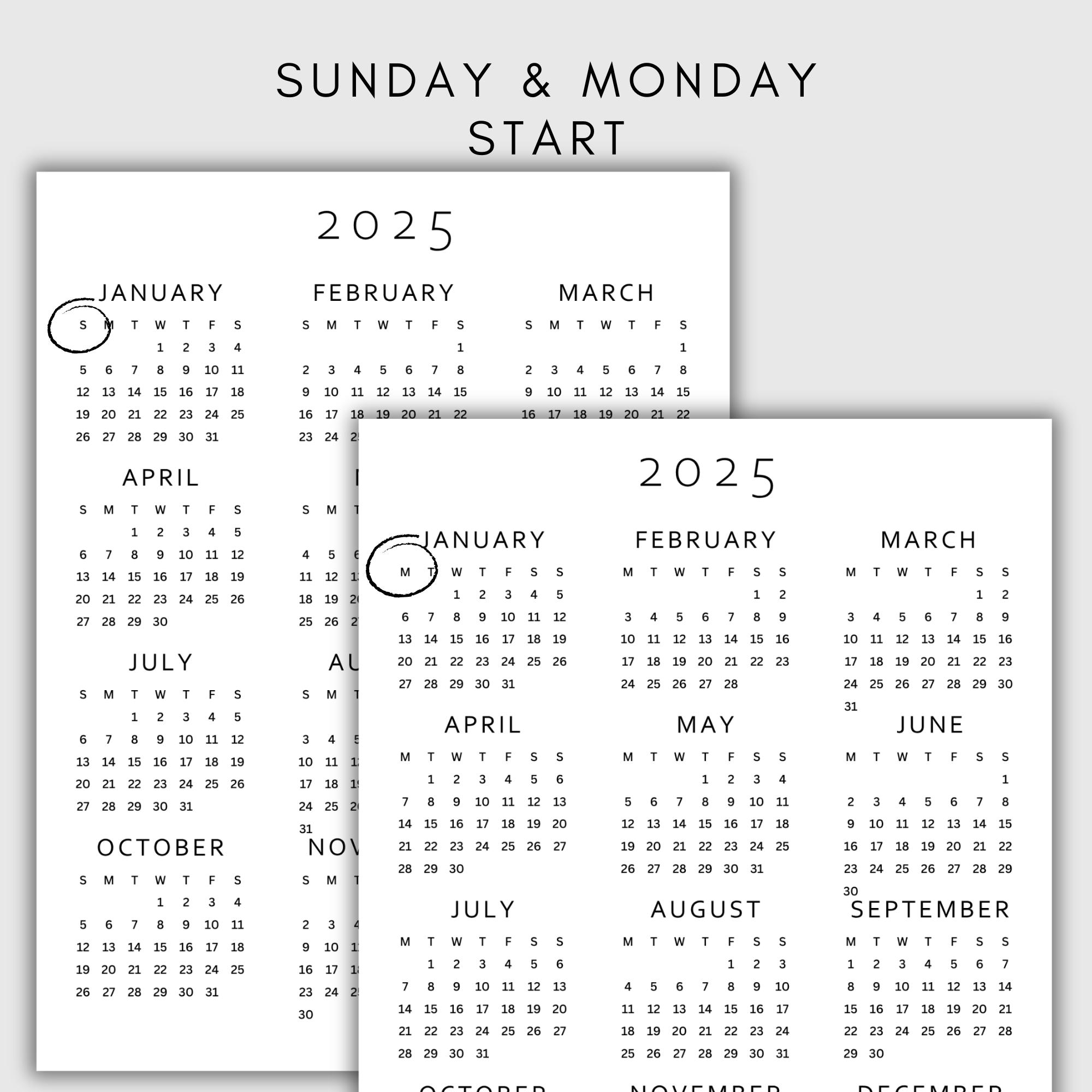 2025 Year at a Glance Calendar Printable | Full Year One Page | A4, A3 ...