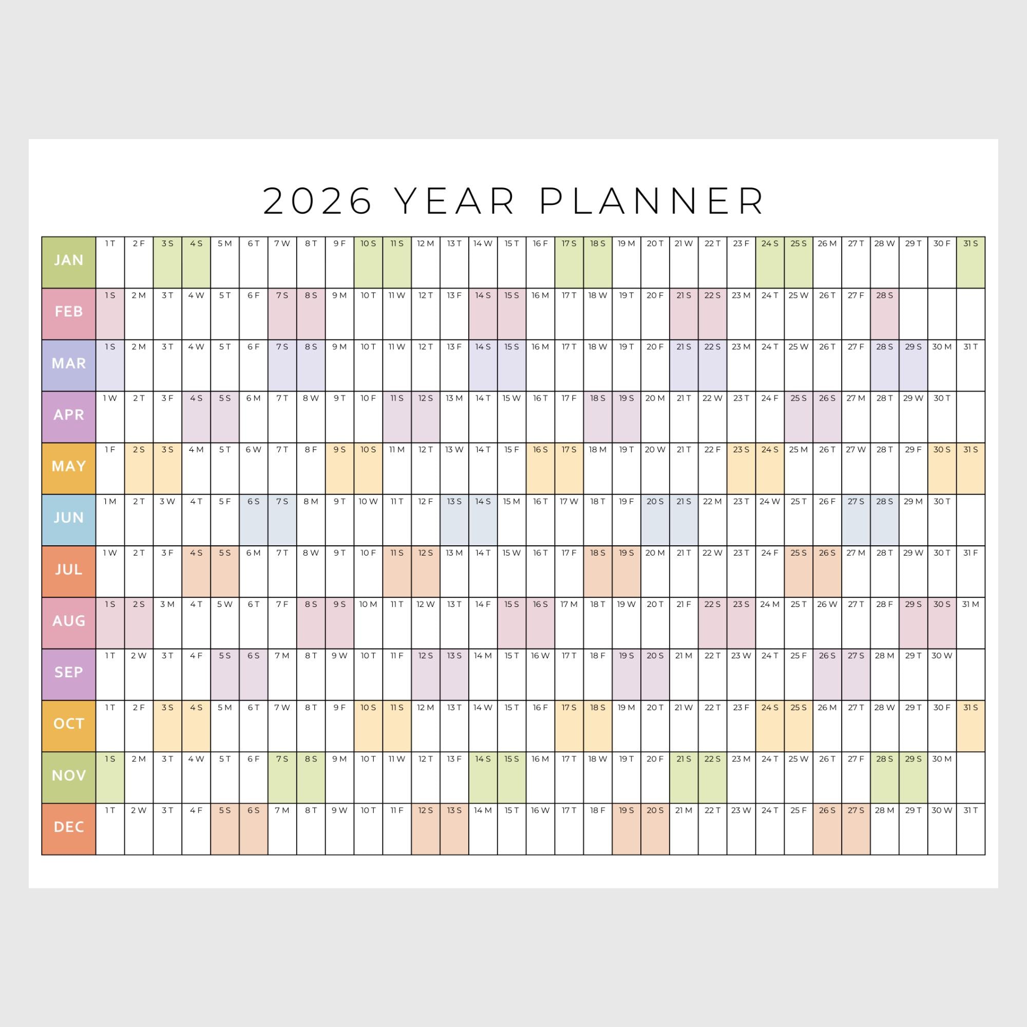 2026 Printable Year Planner | Large Wall Calendar 2026 | Yearly Wall ...