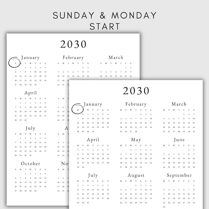 2030 Yearly Calendar 2030 Annual Calendar Printable 2030 Calendar ...