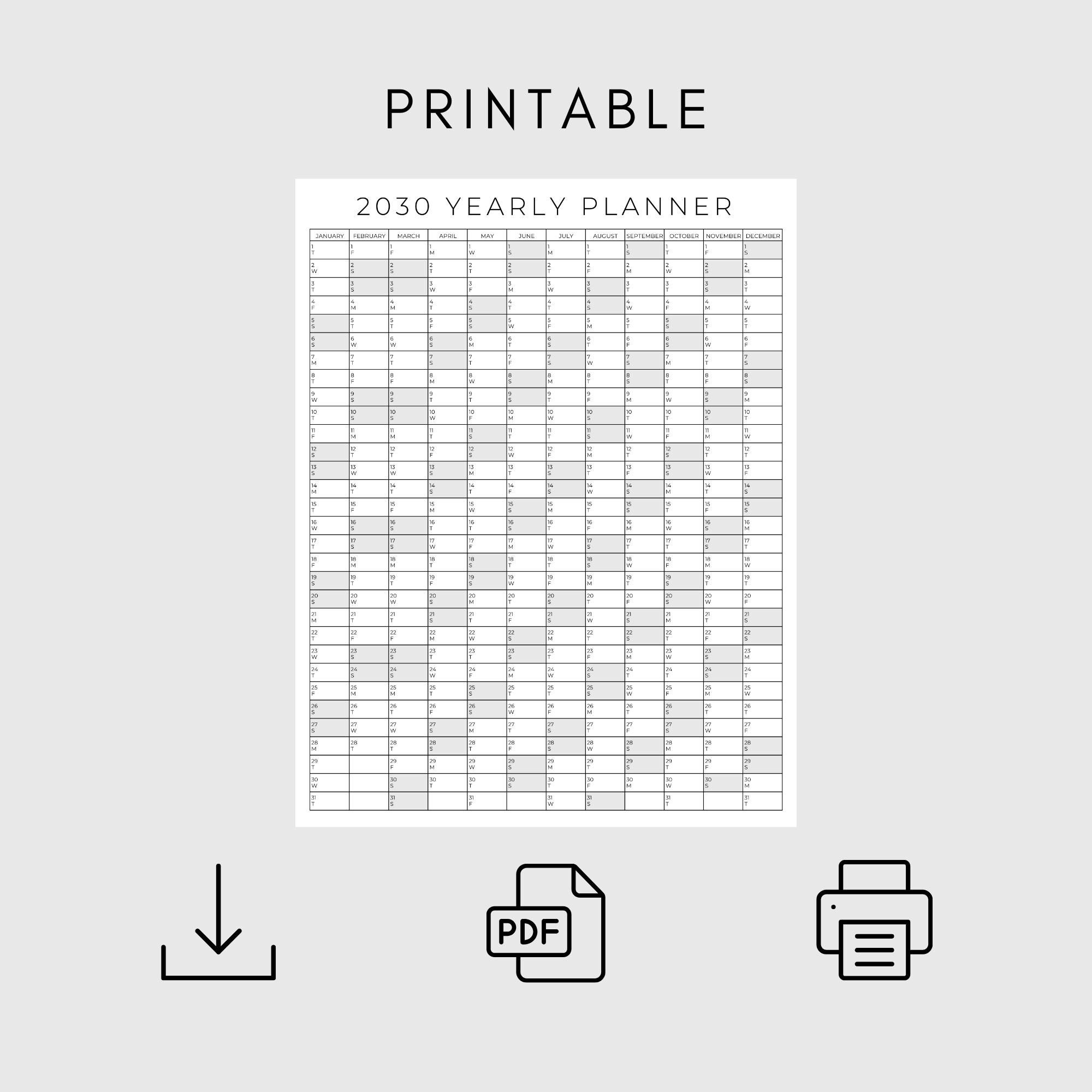 2030 Yearly Planner Printable, Yearly Planning Calendar, Calendar ...