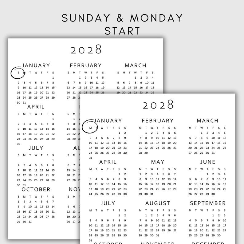 2028 Year at a Glance Calendar Printable | Full Year One Page | A4, A3 ...