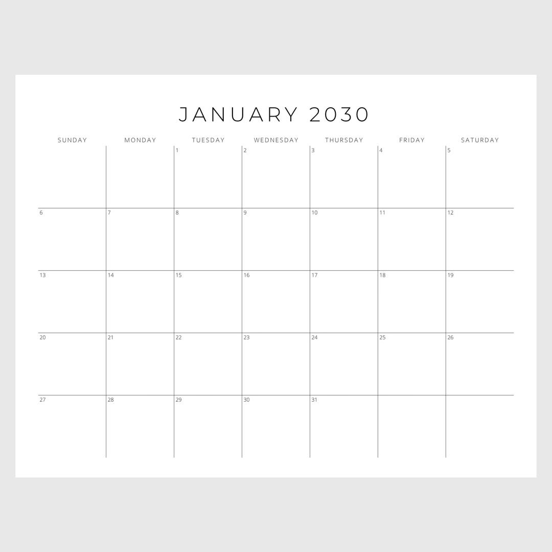 2030 Calendar Printable, Monthly Planner Landscape, Minimal Monthly ...