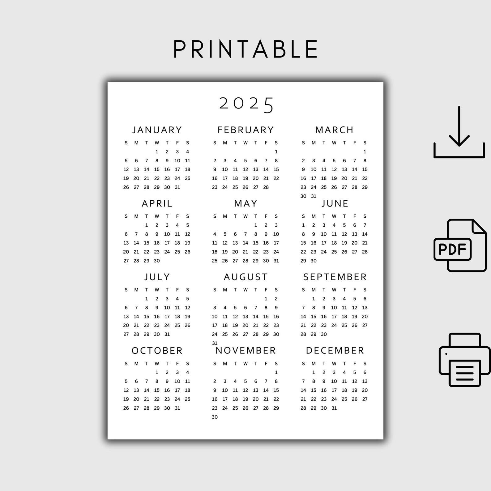 2025 Year at a Glance Calendar Printable | Full Year One Page | A4, A3 ...
