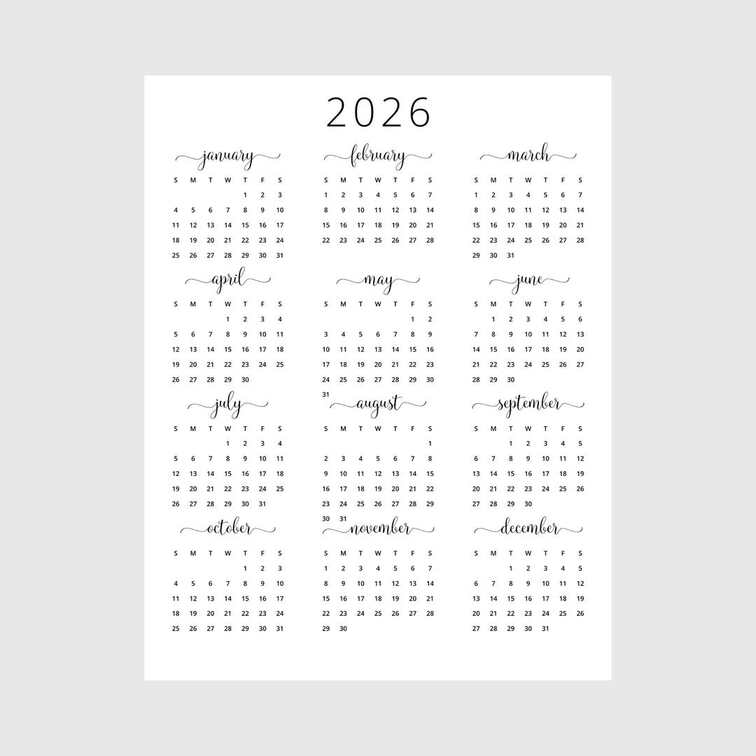 2026 Yearly Calendar 2026 Annual Calendar Printable 2026 Calendar ...
