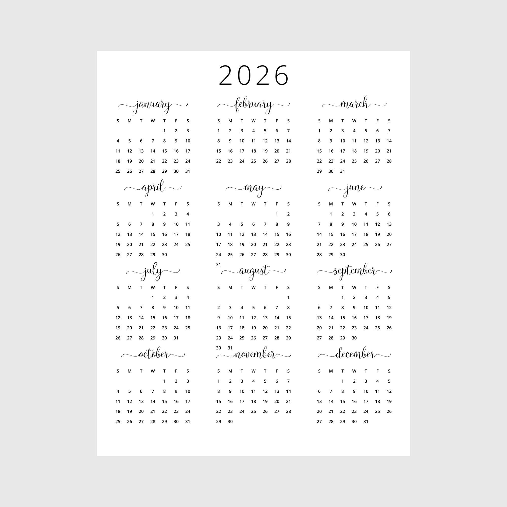 2026 Yearly Calendar 2026 Annual Calendar Printable 2026 Calendar ...