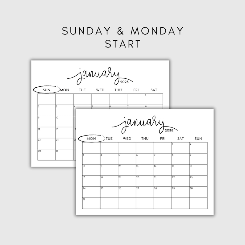 2028 Calendar Printable, Monthly Planner Landscape, Minimal Monthly ...