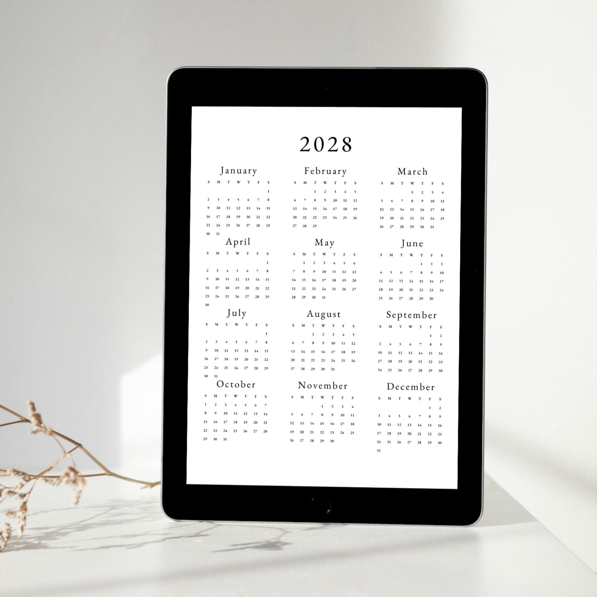 2028 Yearly Calendar 2028 Annual Calendar Printable 2028 Calendar ...