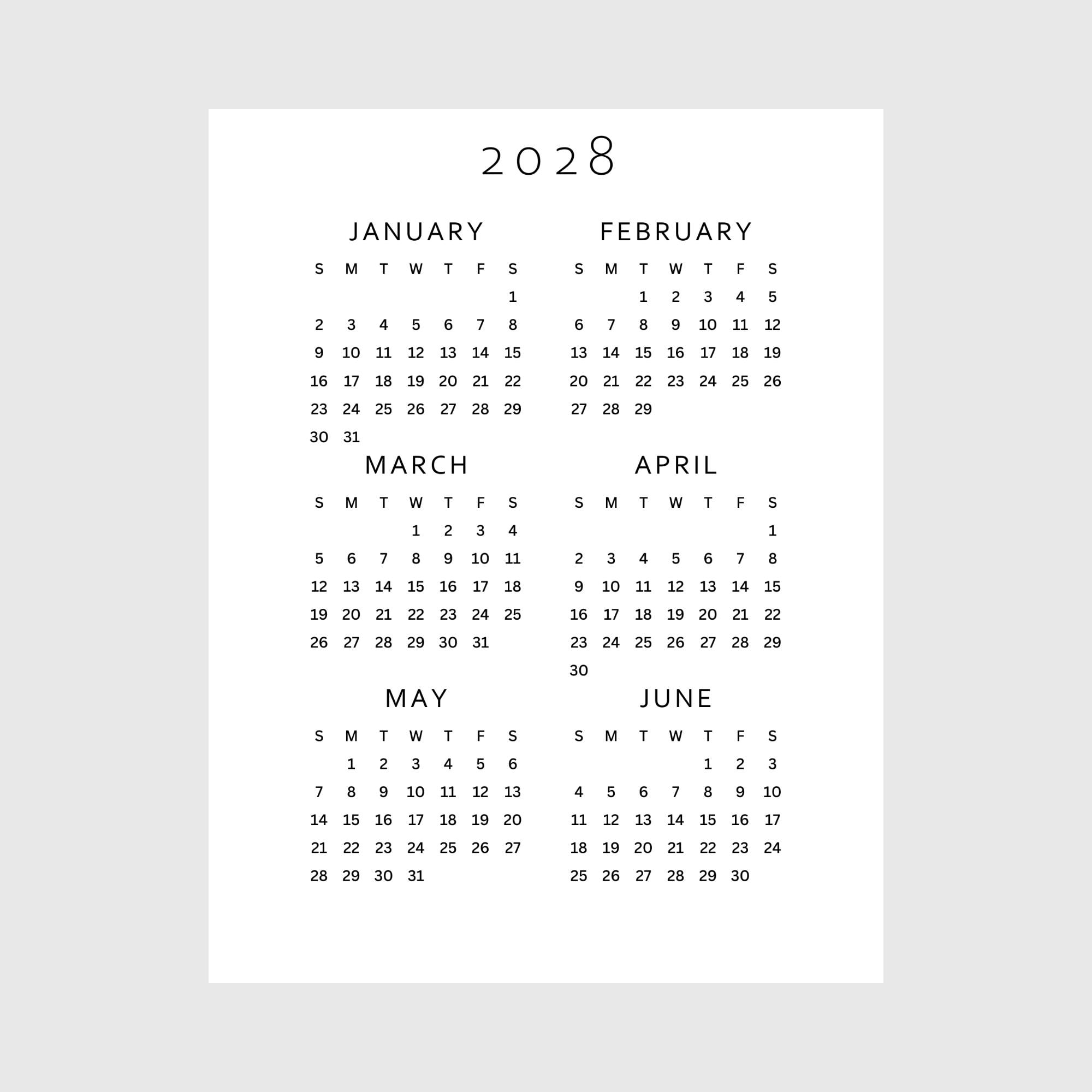 2028 Year at a Glance Calendar Printable | 6 Months One Page | A4, A3 ...