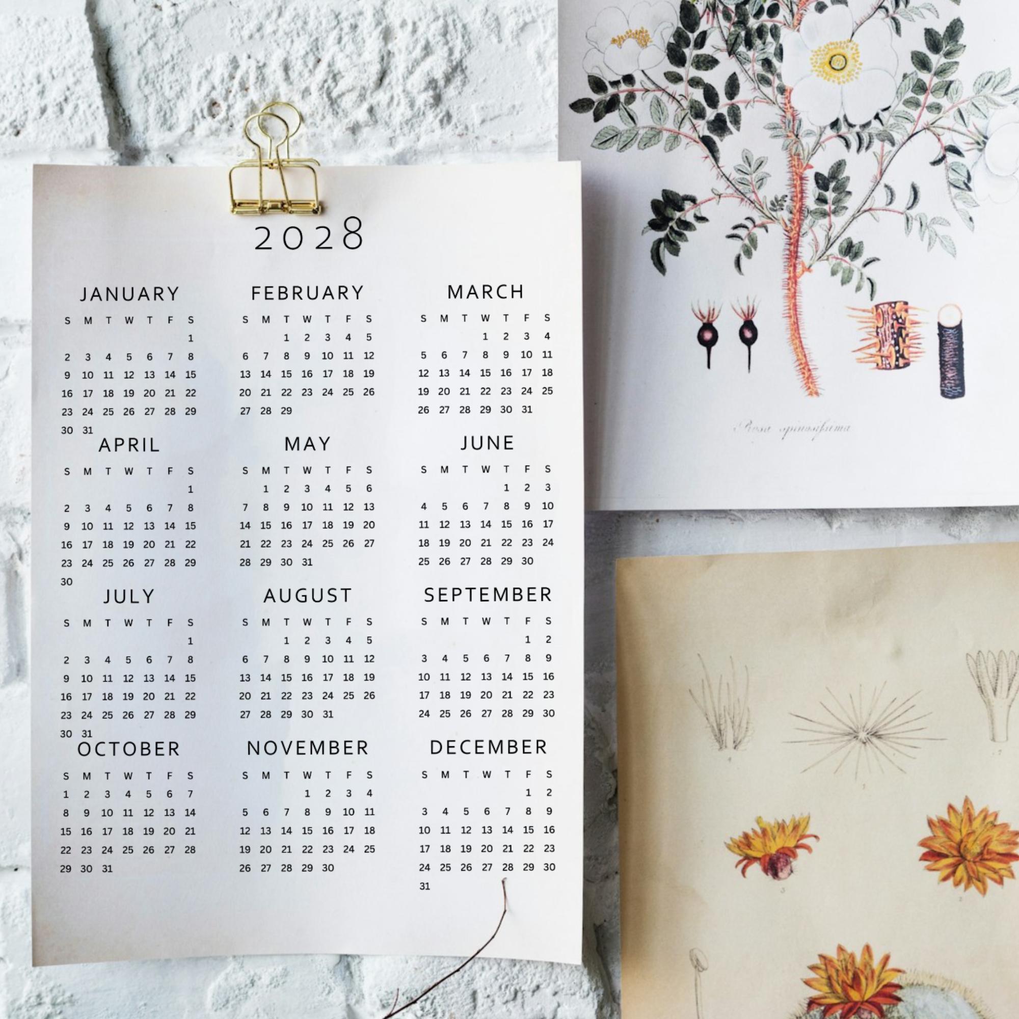 2028 Year at a Glance Calendar Printable | Full Year One Page | A4, A3 ...