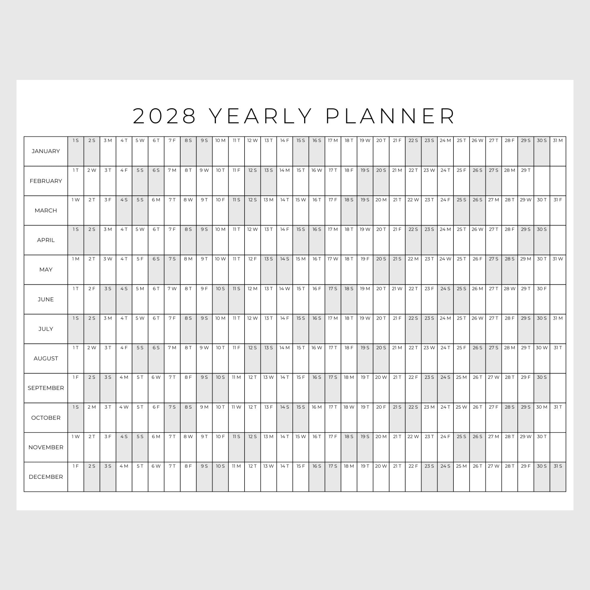2028 Year Planner Printable, Yearly Planning Calendar, Calendar Poster ...