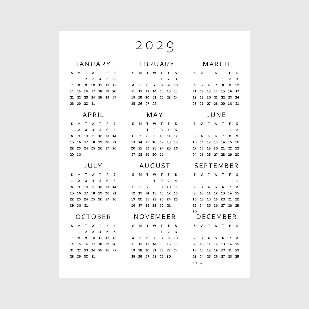 2029 Year at a Glance Calendar Printable | Full Year One Page | A4, A3 ...
