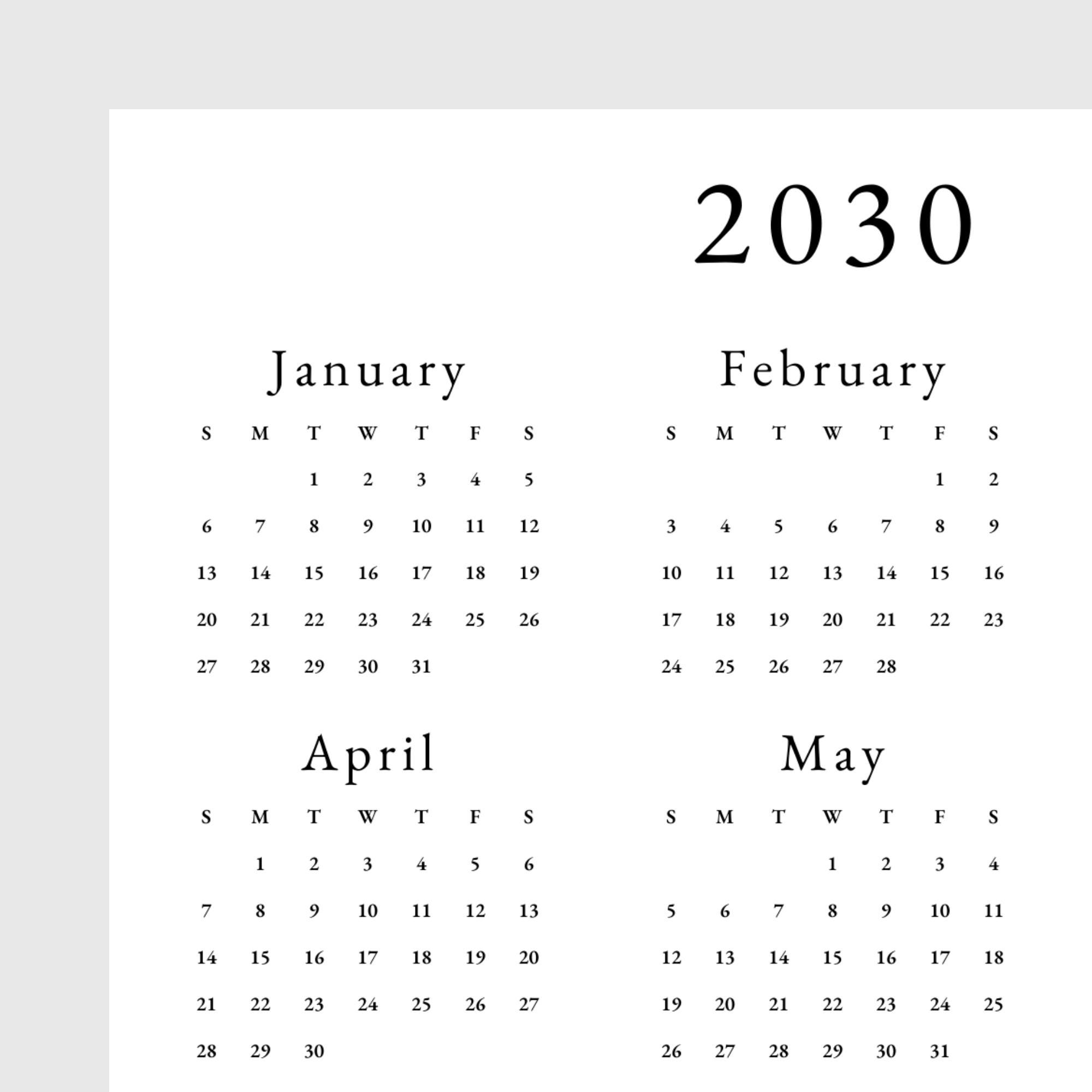 2030 Yearly Calendar 2030 Annual Calendar Printable 2030 Calendar ...