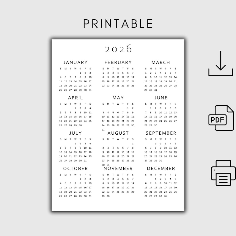 2026 Year at a Glance Calendar Printable | Full Year One Page | A4, A3 ...
