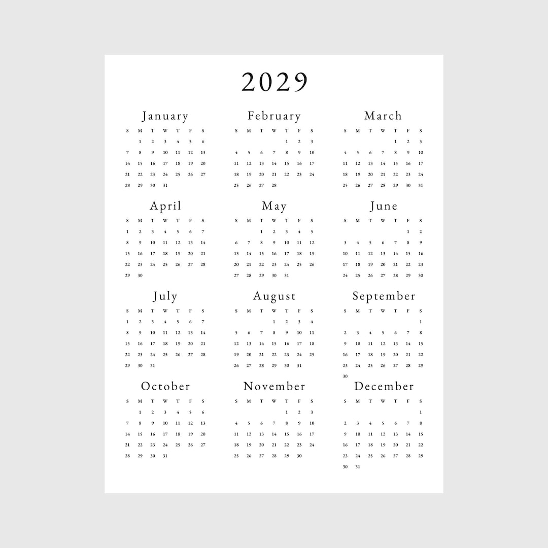 2029 Yearly Calendar 2029 Annual Calendar Printable 2029 Calendar ...