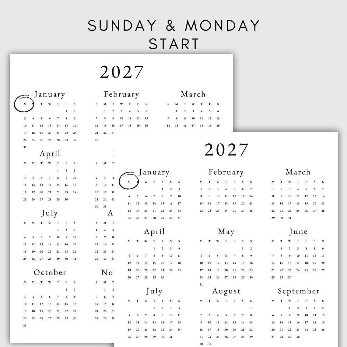 2027 Yearly Calendar 2027 Annual Calendar Printable 2027 Calendar ...