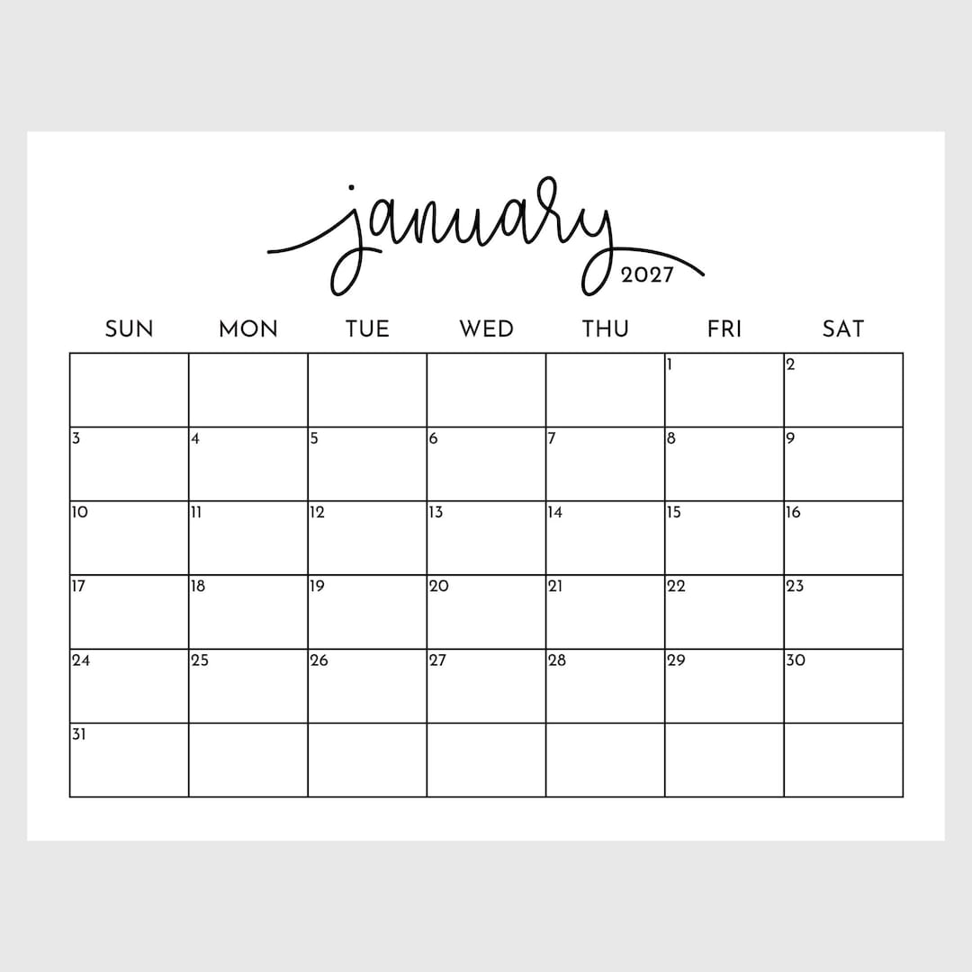 2027 Calendar Printable, Monthly Planner Landscape, Minimal Monthly ...