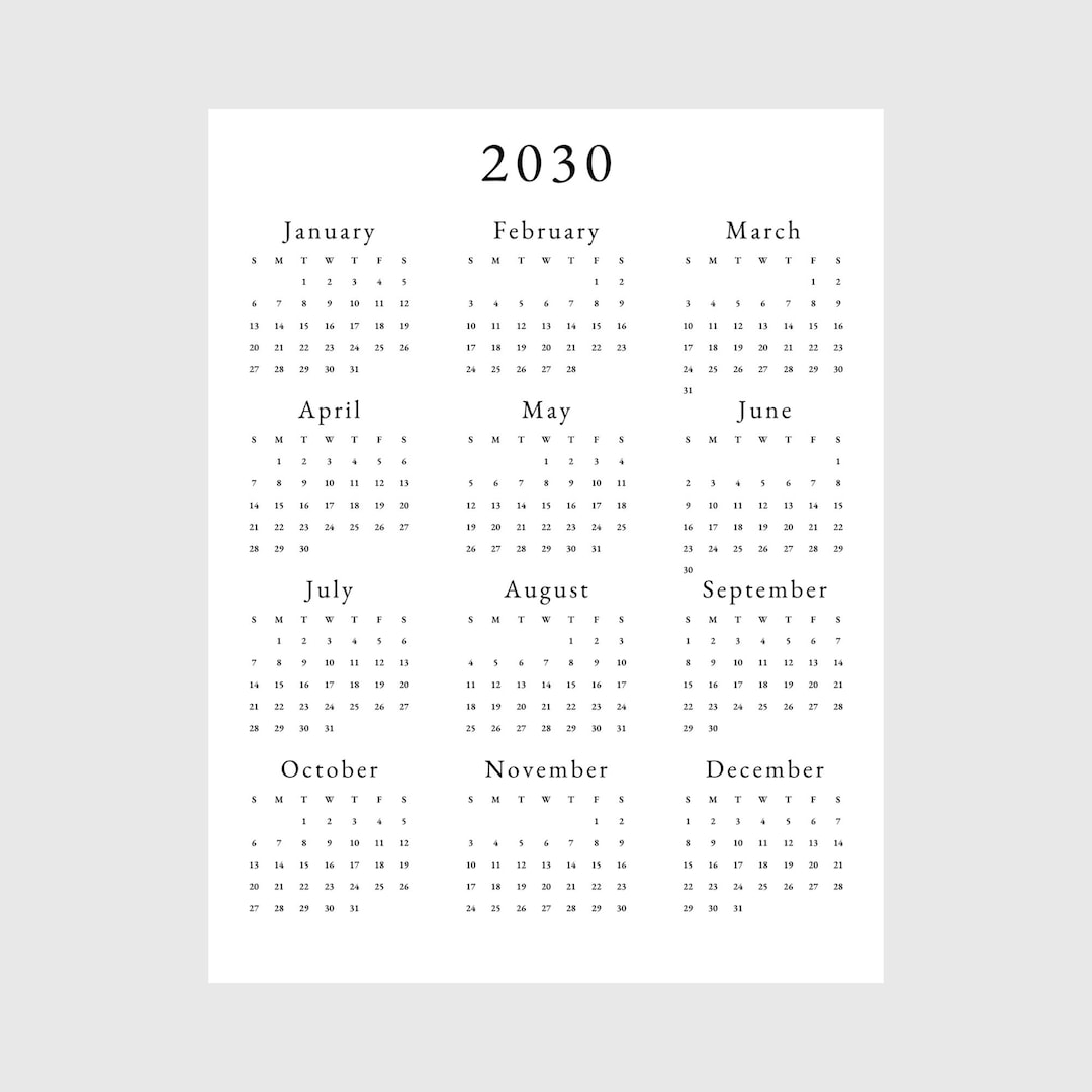 2030 Yearly Calendar 2030 Annual Calendar Printable 2030 Calendar ...