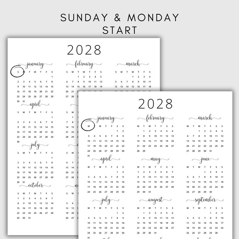 2028 Yearly Calendar 2028 Annual Calendar Printable 2028 Calendar ...
