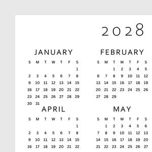 2028 Year at a Glance Calendar Printable | Full Year One Page | A4, A3 ...