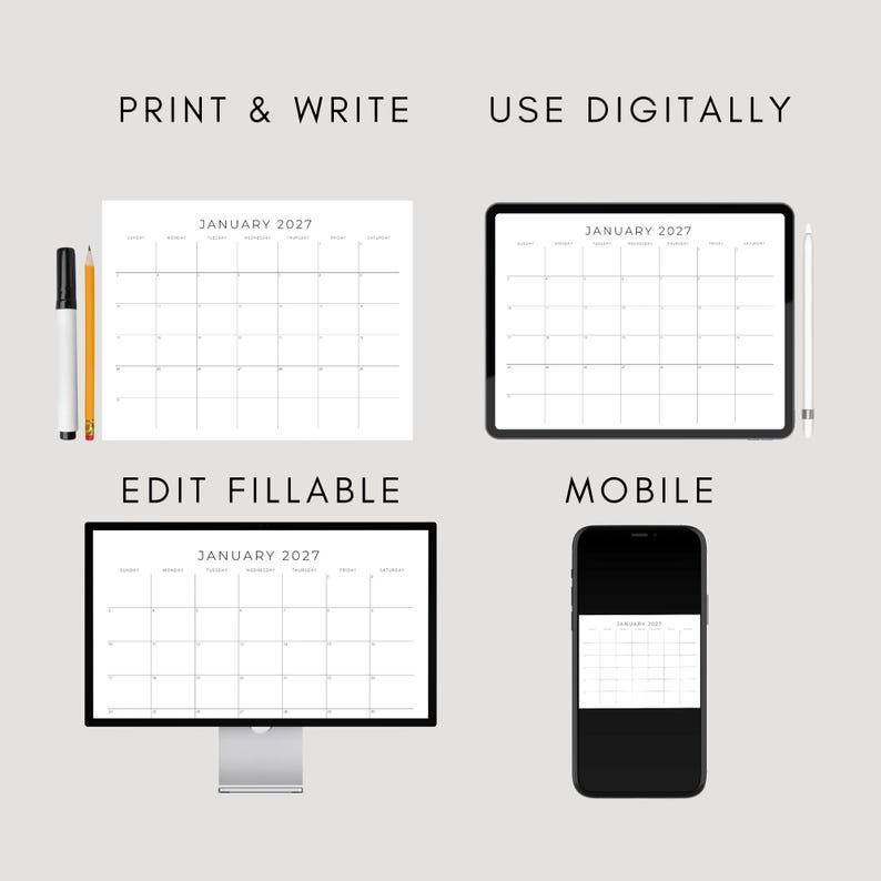 2027 Calendar Printable, Monthly Planner Landscape, Minimal Monthly ...