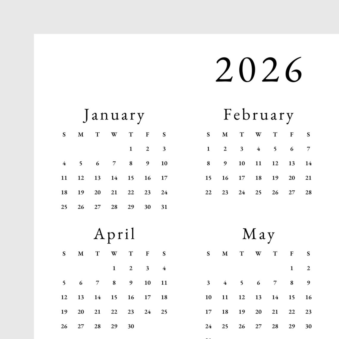 2026 Yearly Calendar 2026 Annual Calendar Printable 2026 Calendar ...