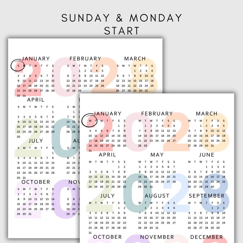 2028 Year at a Glance Calendar Printable | Full Year One Page | A4, A3 ...