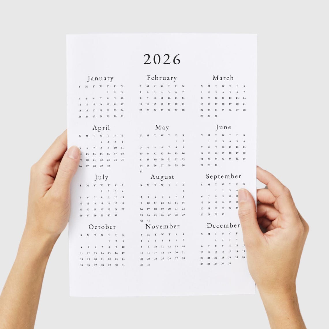 2026 Yearly Calendar 2026 Annual Calendar Printable 2026 Calendar ...