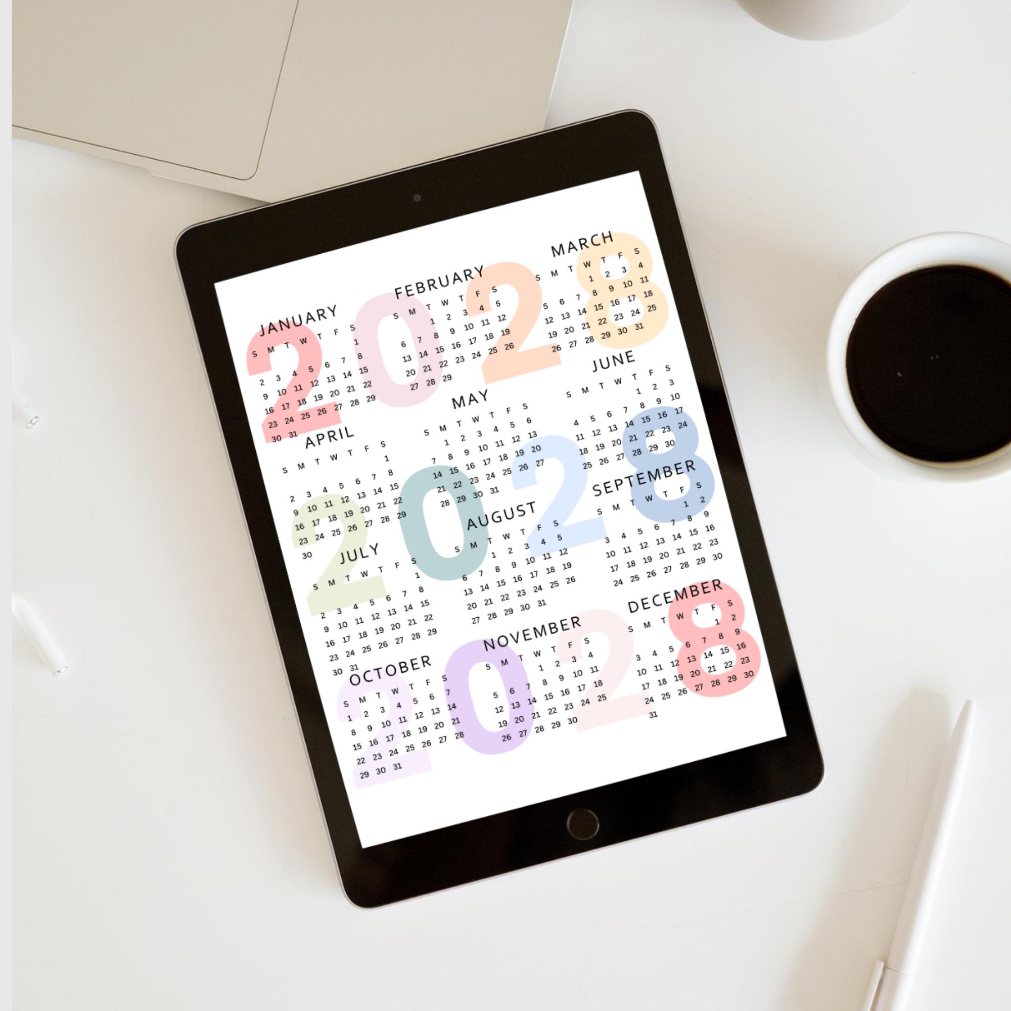 2028 Year at a Glance Calendar Printable | Full Year One Page | A4, A3 ...