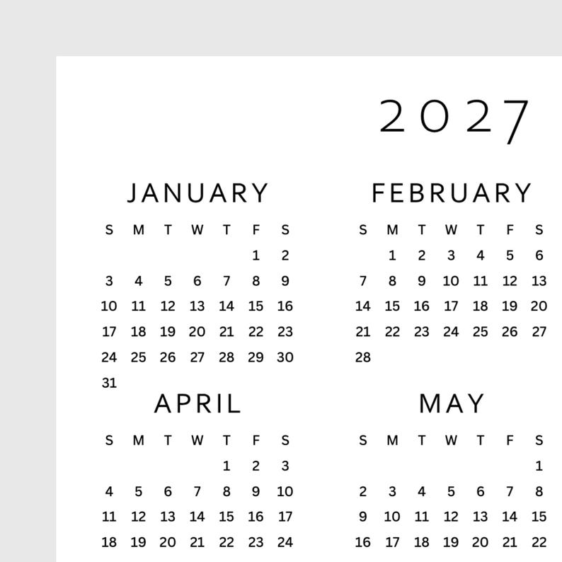 2027 Year at a Glance Calendar Printable | Full Year One Page | A4, A3 ...