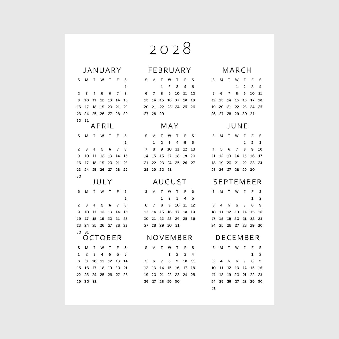 2028 Year at a Glance Calendar Printable | Full Year One Page | A4, A3 ...