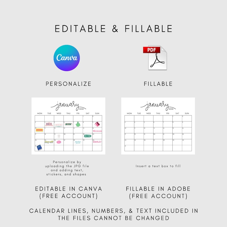 2028 Calendar Printable, Monthly Planner Landscape, Minimal Monthly ...