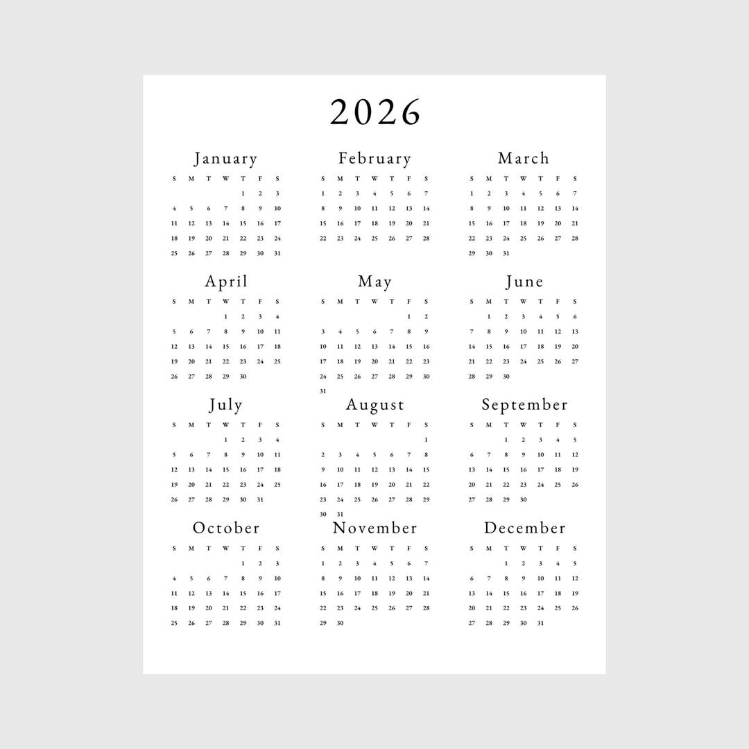 2026 Yearly Calendar 2026 Annual Calendar Printable 2026 Calendar ...