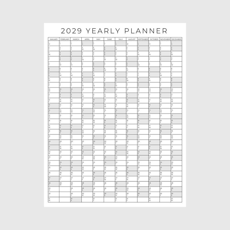 2029 Yearly Planner Printable, Yearly Planning Calendar, Calendar ...