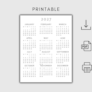 2027 Year at a Glance Calendar Printable | Full Year One Page | A4, A3 ...