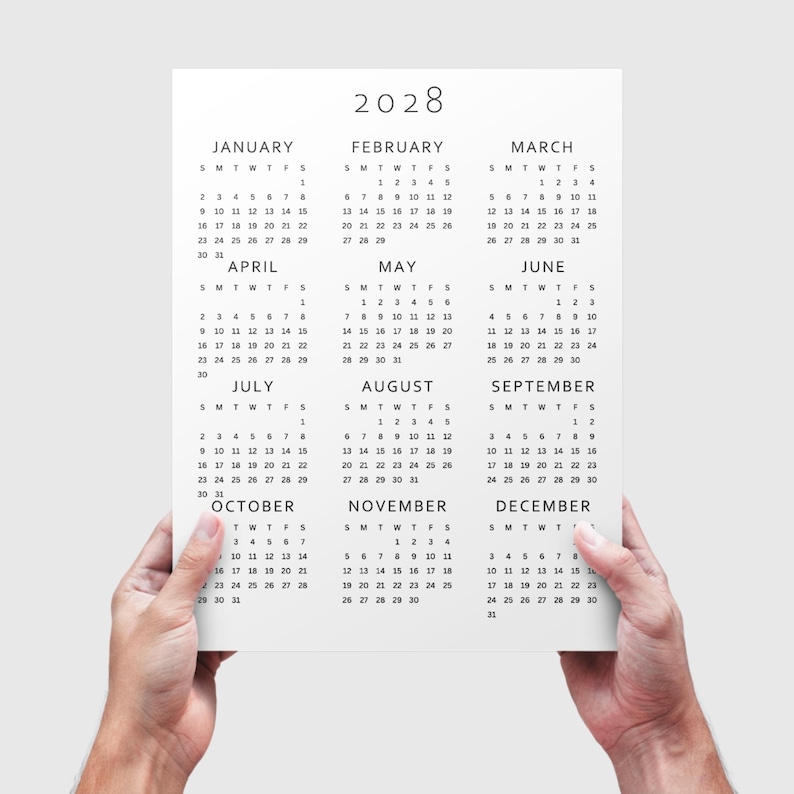 2028 Year at a Glance Calendar Printable | Full Year One Page | A4, A3 ...