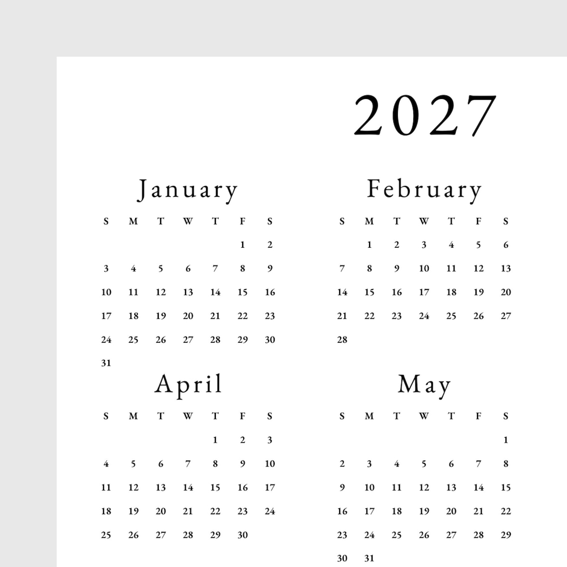 2027 Yearly Calendar 2027 Annual Calendar Printable 2027 Calendar ...