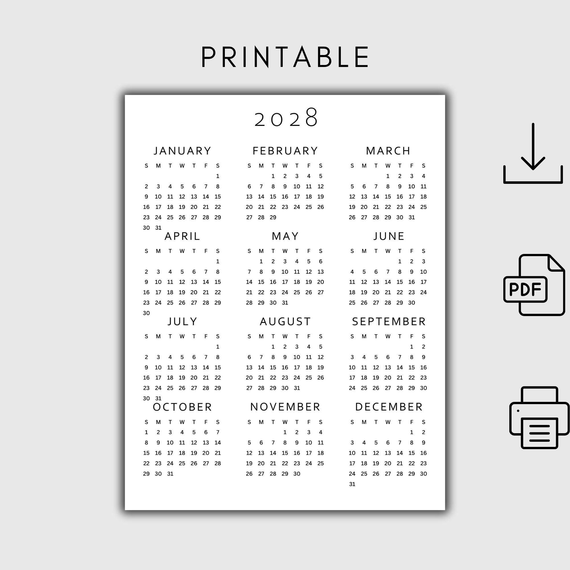 2028 Year at a Glance Calendar Printable | Full Year One Page | A4, A3 ...
