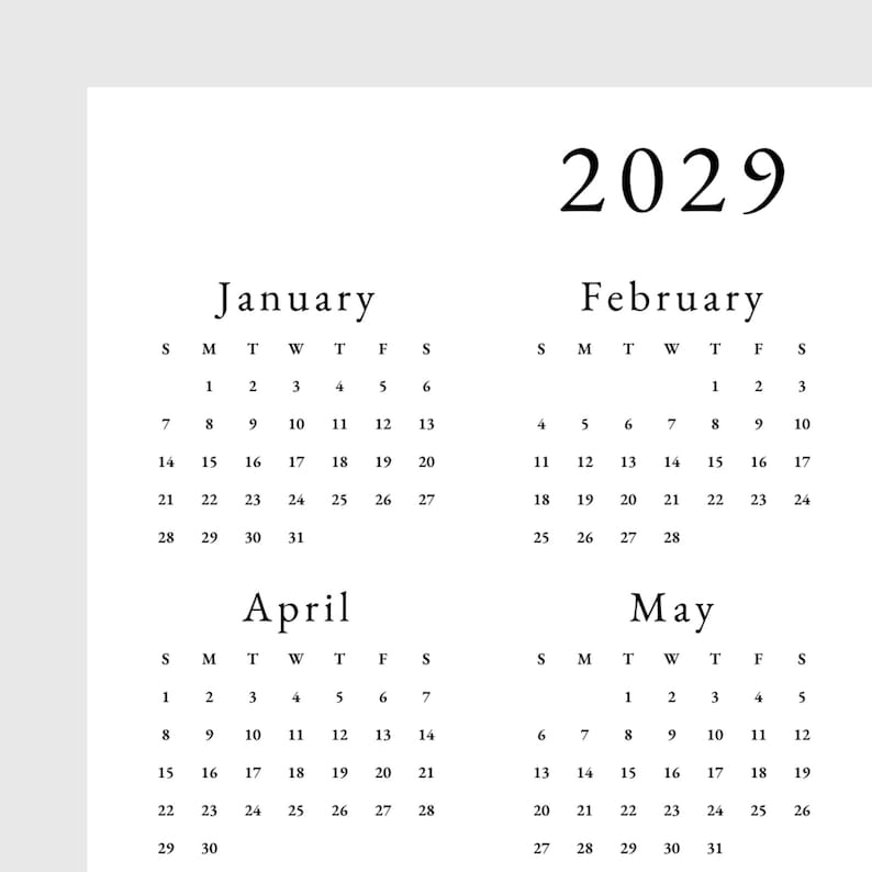 2029 Yearly Calendar 2029 Annual Calendar Printable 2029 Calendar ...