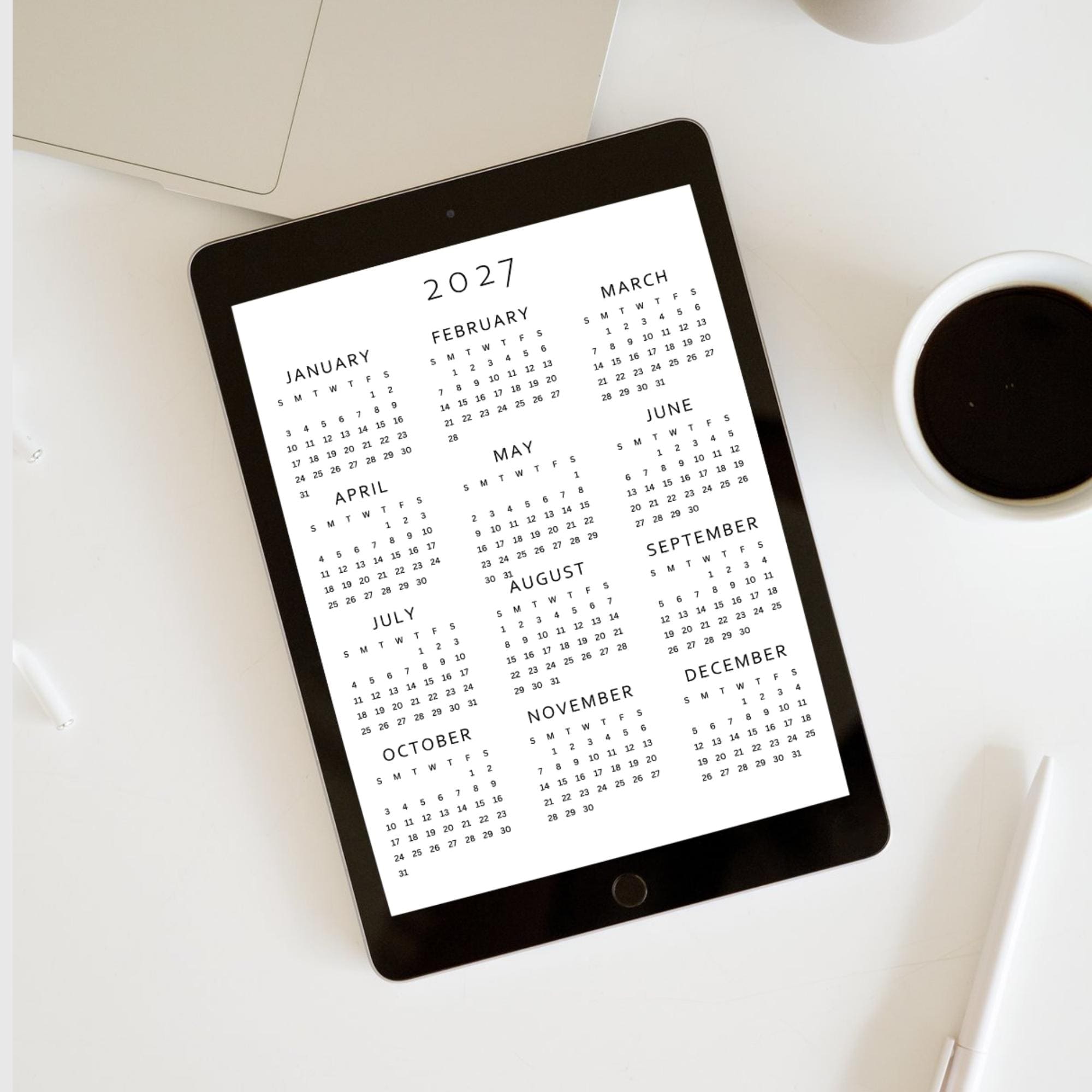 2027 Year at a Glance Calendar Printable | Full Year One Page | A4, A3 ...