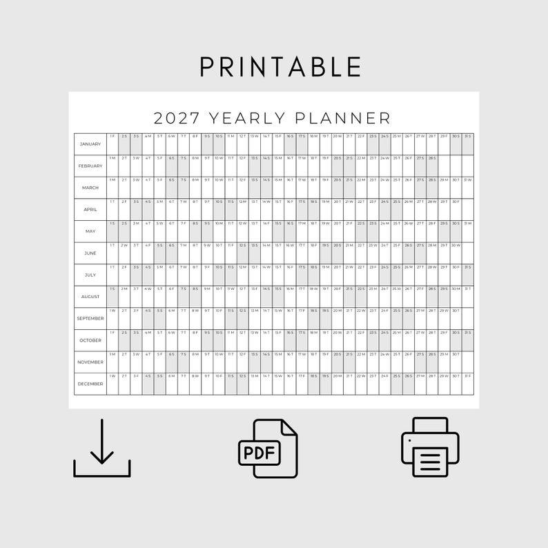 2027 Year Planner Printable, Yearly Planning Calendar, Calendar Poster ...