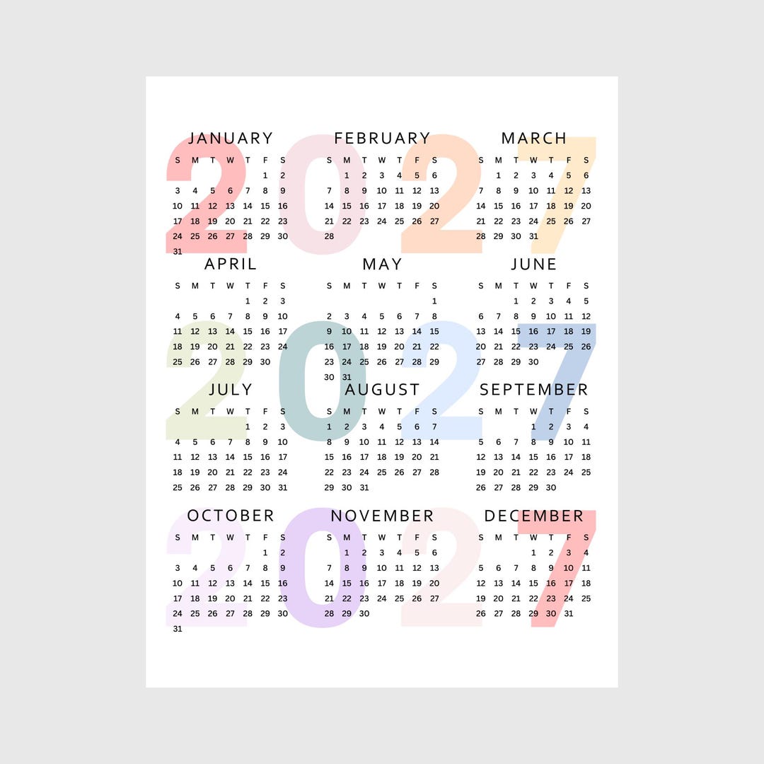 2027 Year at a Glance Calendar Printable | Full Year One Page | A4, A3 ...