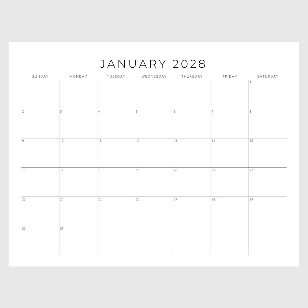 2028 Calendar Printable, Monthly Planner Landscape, Minimal Monthly ...