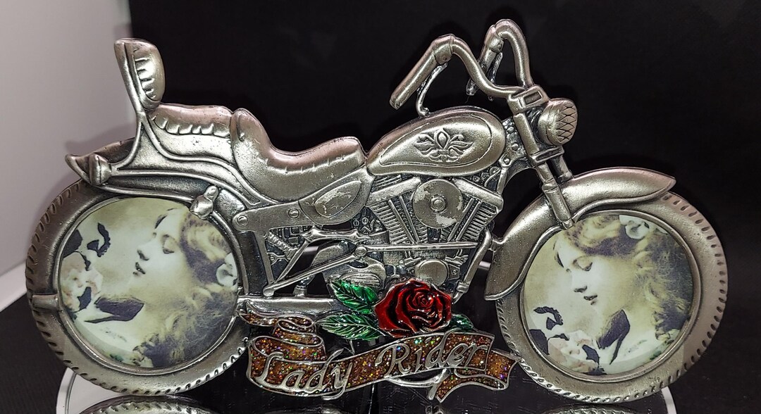RARE Pewter Motorcycle Picture Frame Lady Rider Rose Glitter Harley ...